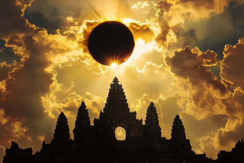 Solar Eclipse Envelops Ancient Temple in Golden Clouds Creating a ...