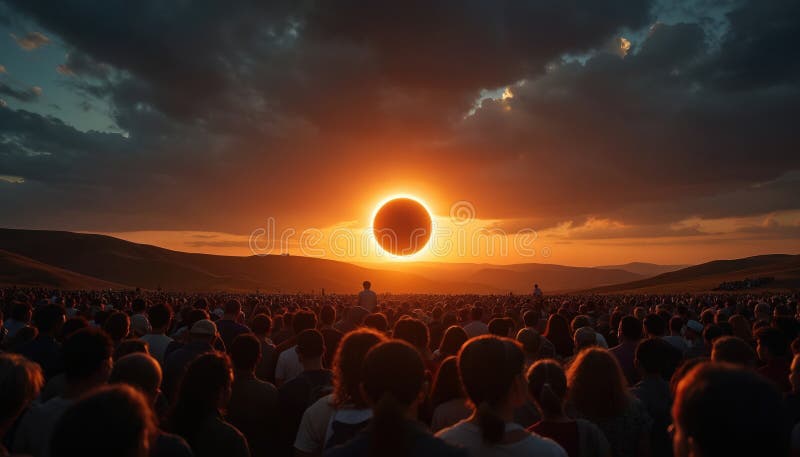Solar Eclipse Gathering. Crowd of People Observes Natural Phenomenon of ...
