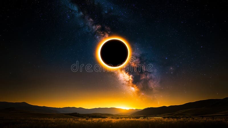 Solar Eclipse with Glowing Corona Over Mountains Under Starry Night Sky ...