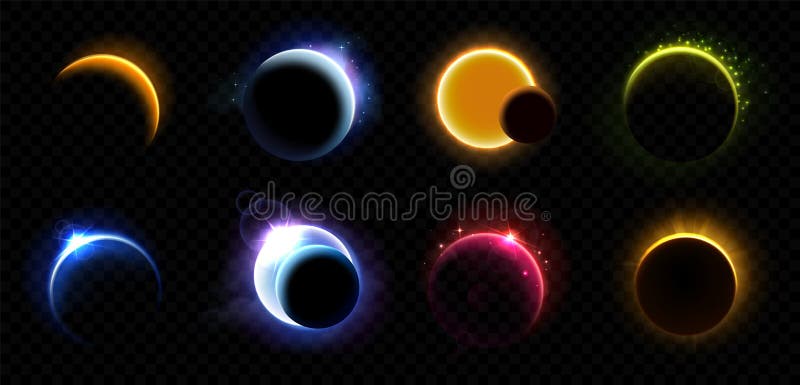 Solar Eclipse. Light Circles with Planet Edge, Moon Neon Flare, Space ...