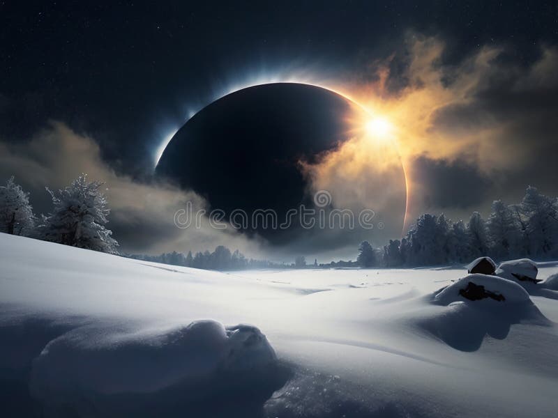 Solar Eclipse in the Middle of a Snowy Landscape Stock Illustration ...