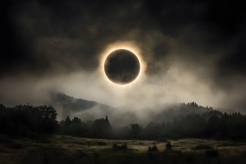 Solar Eclipse in a Misty Night Sky Over Mountains Generative AI Stock ...