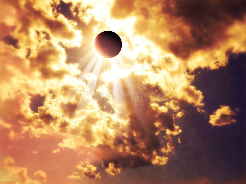 Solar Eclipse, Moon Facing the Sun. Sun Rays Passing through the Clouds ...