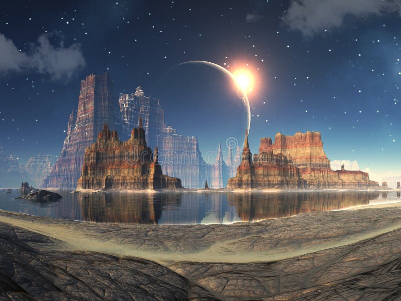 Solar Eclipse Over Alien Lake Landscape Stock Illustration ...