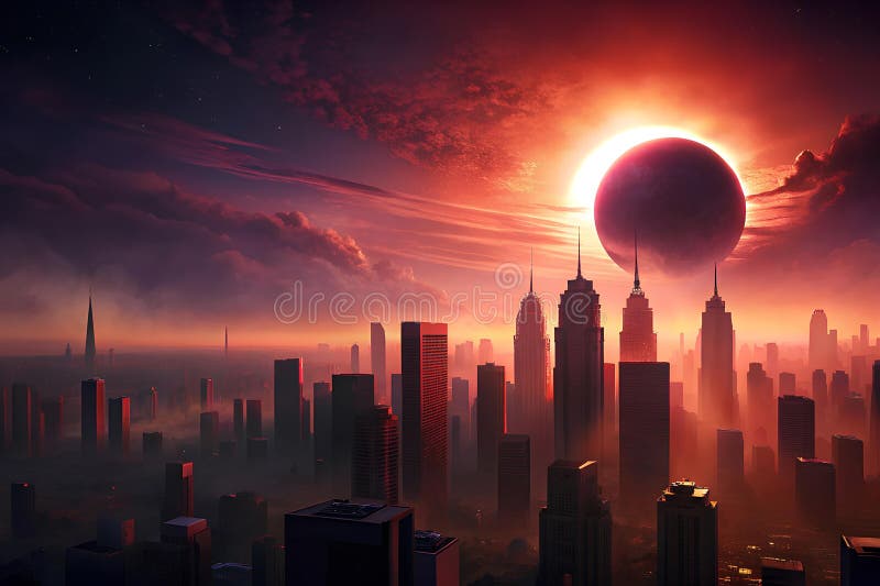 Solar Eclipse Over City: Stunning Skyline Scene with Celestial ...