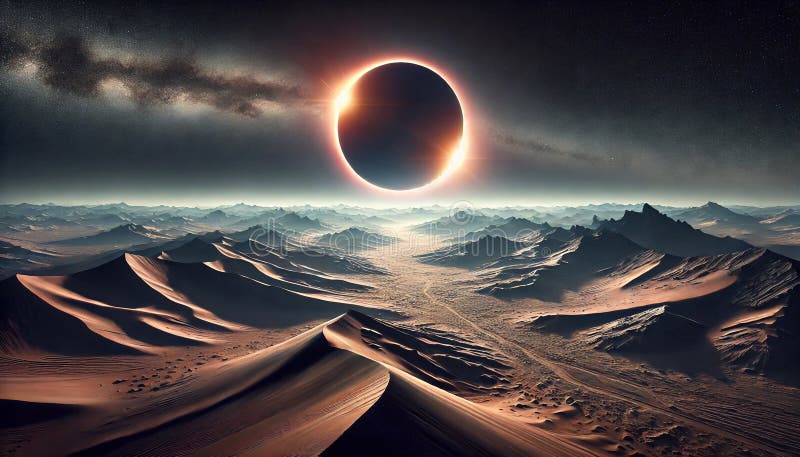 Solar Eclipse Over Desert Landscape with Dramatic Shadows and Milky Way ...