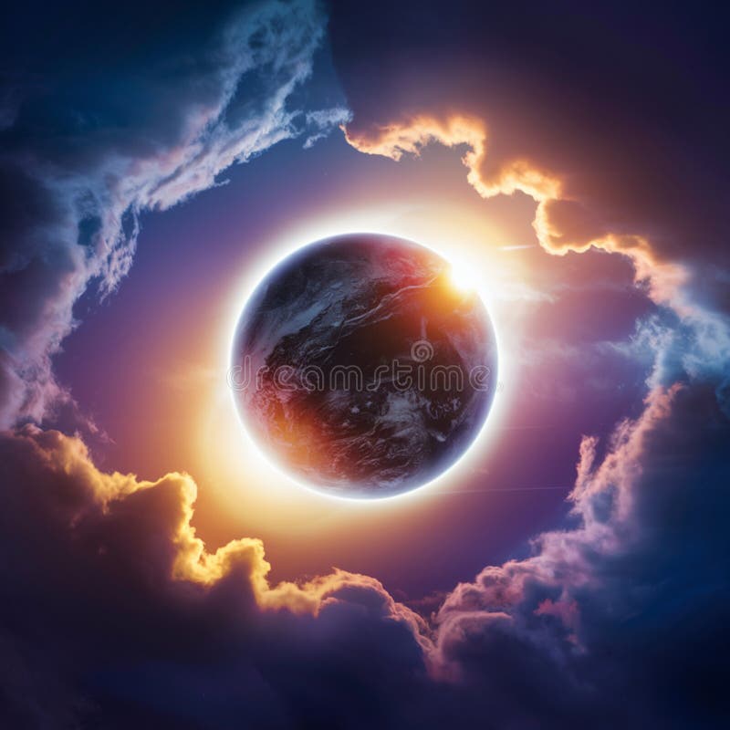 Solar Eclipse Over Earth Like Planet, Illuminated Clouds, Deep Hues in ...