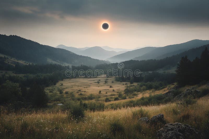 Solar Eclipse Over Mountain Valley with Grassy Fields Generative AI ...