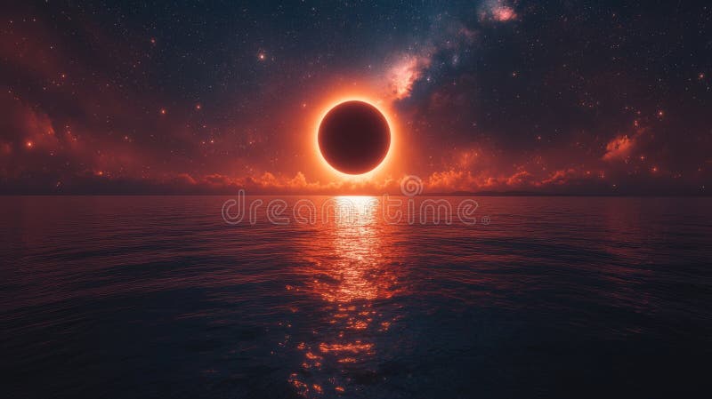 Solar Eclipse Over the Ocean with Glowing Red Sky and Stars. Cosmic ...
