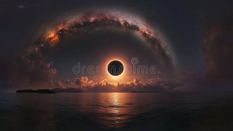 Solar Eclipse Over Ocean with Starry Sky and Glowing Cloudscape, Cosmic ...
