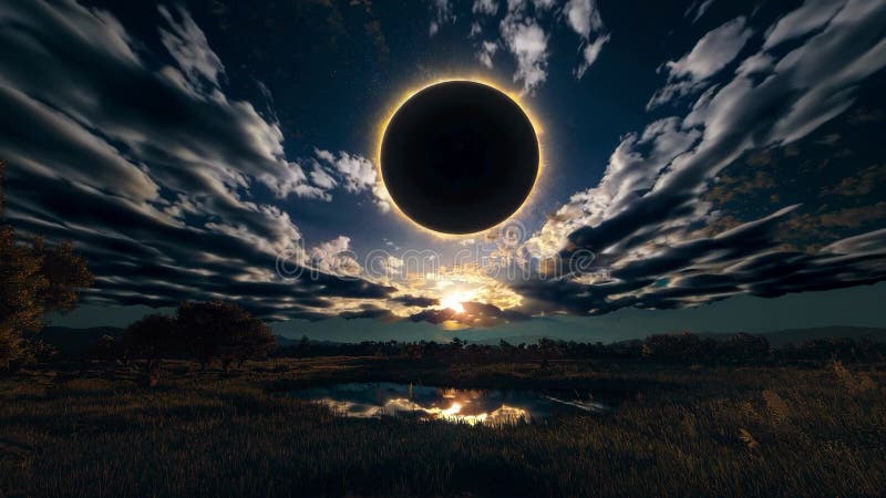 Solar Eclipse Over Scenic Landscape with Reflections at Sunset. Cosmic ...
