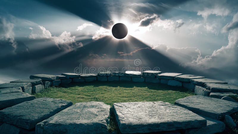 Solar Eclipse Over Stone Circle with Dramatic Clouds and Sun Rays on a ...