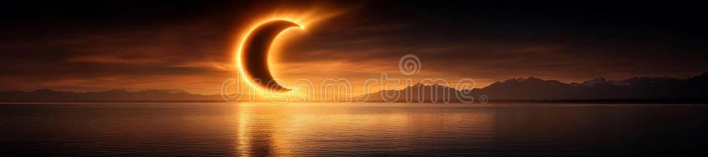 Solar Eclipse Over a Tranquil Landscape with Reflection on Water Stock ...