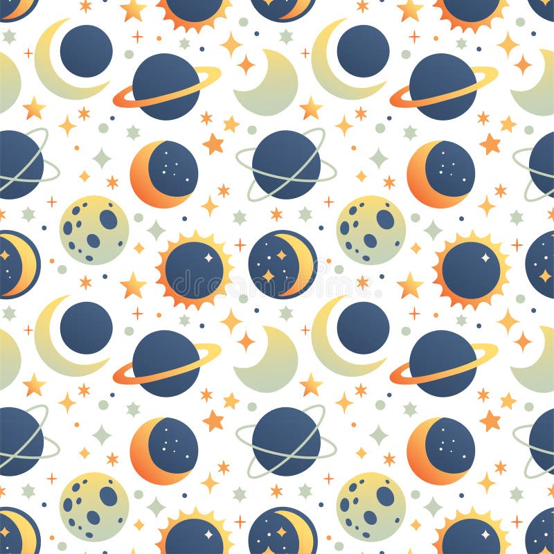 Solar Eclipse Seamless Pattern in Flat Cartoon Style for Kids Education ...
