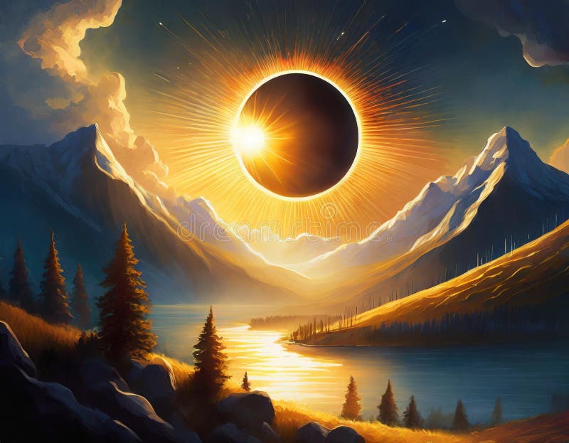 Fantasy Solar Eclipse Over Majestic Landscape, AI Generated Stock ...