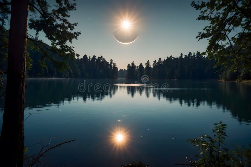 Solar Eclipse on the Surface of the Lake Stock Illustration ...