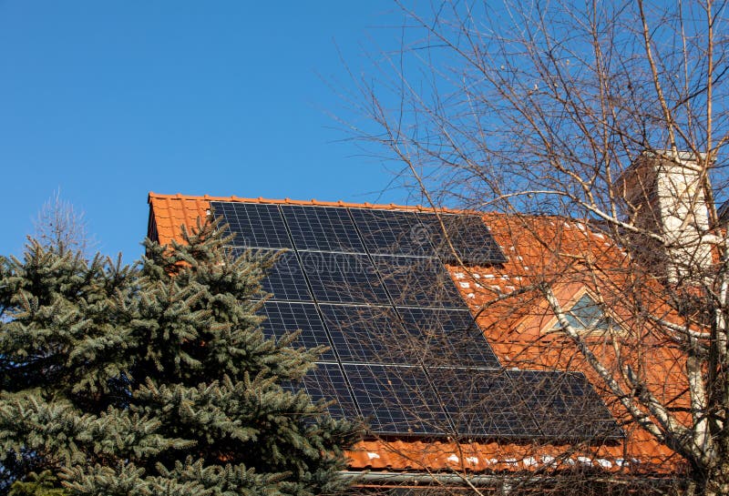 Solar Electric Panels on a House Roof. Stock Photo - Image of panels ...