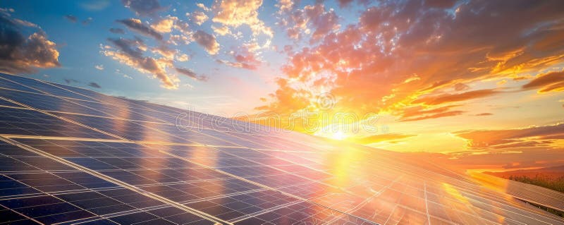 Solar Energy Background with a Dramatic Sunset Over a Field of Solar ...