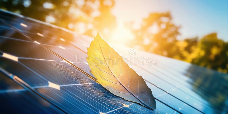 Solar Energy Concept with a Leaf on Photovoltaic Panel Highlighting ...