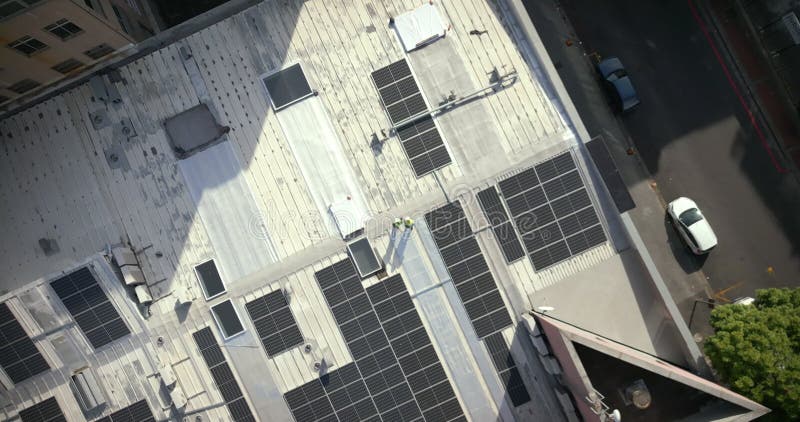 Solar Energy, Drone and Construction Workers on Rooftop for Engineering ...