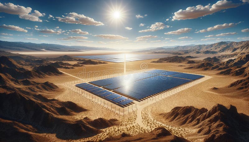 Solar Energy Farm in a Desert Valley Harnessing Power Under a Bright ...