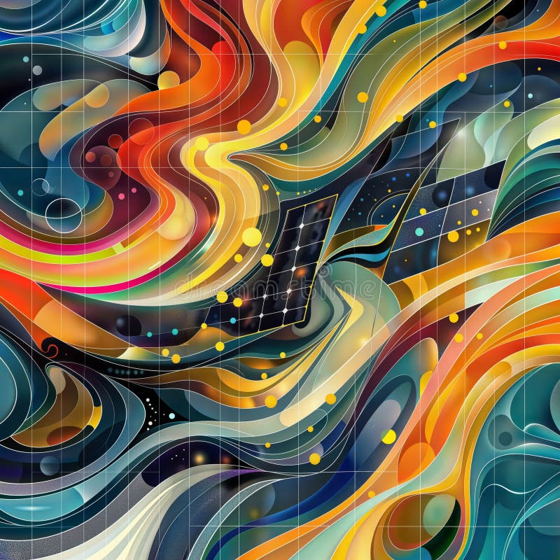 Solar Energy Flow in Abstract Swirling Colors and Grid, Generative Ai ...