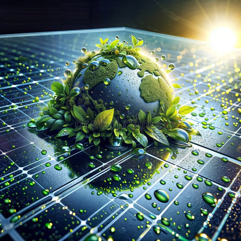 Solar Energy Globe with Flora on Solar Panel, Generative Ai Stock ...