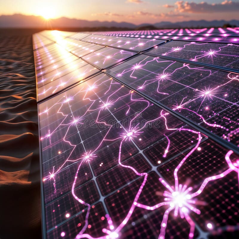 Solar Field with Energy Flow Visualization in Purple Lines, Generative ...