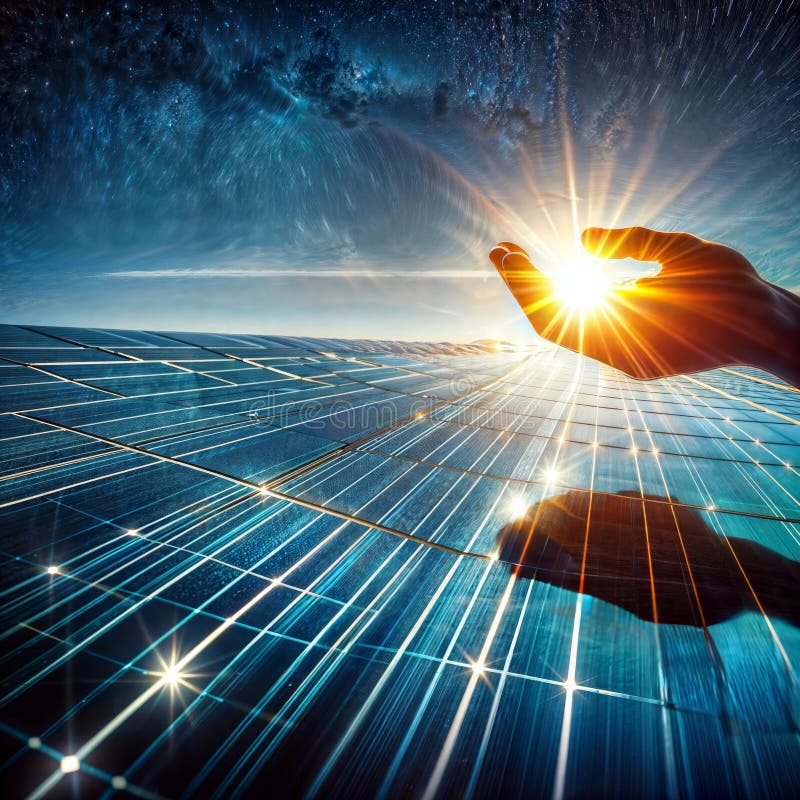 Reaching for Solar Energy: Hand Above Solar Panels, Generative Ai Stock ...