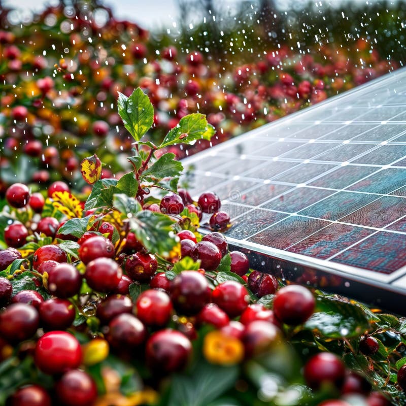 Weathered Solar Panel with Red Berries in Rainy Scene, Generative Ai ...