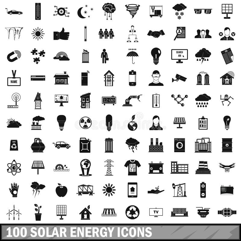 100 Solar Energy Icons Set, Simple Style Stock Vector - Illustration of ...