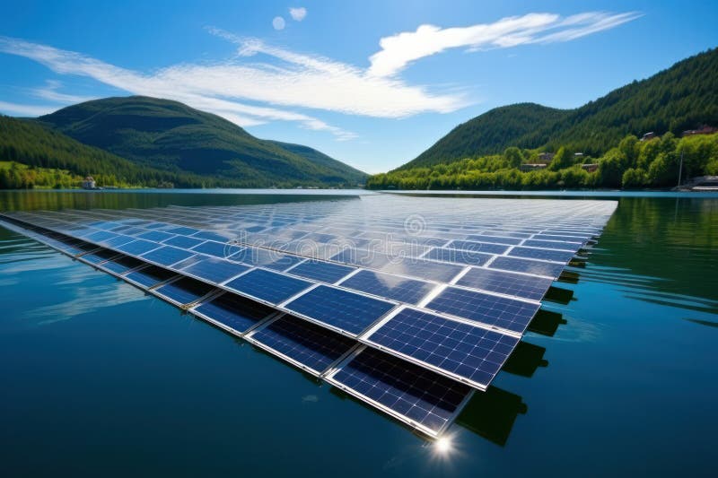Solar Energy Innovation, Floating Panels on Tranquil Lake Surface Stock ...