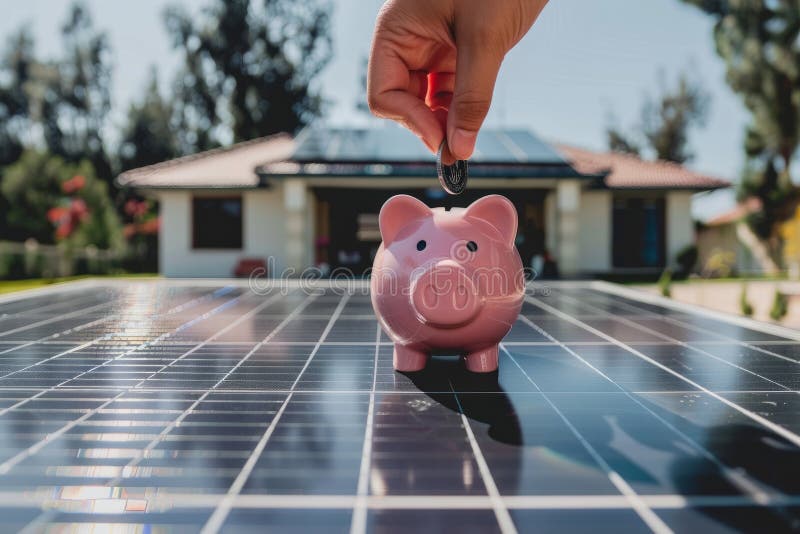Solar Energy Money Saving. a Piggy Bank Money Box on a Solar Energy ...