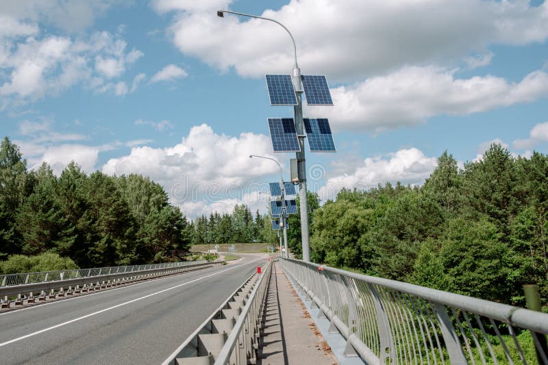 Solar Energy Panel. Blue Sky with Clouds, Wide Highway Autobahn and ...