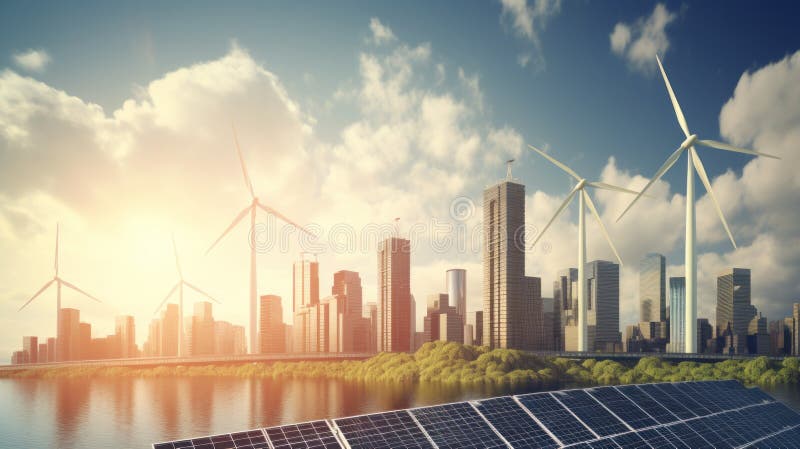 Solar Energy Panel on the Building in the Big City. Generative AI Stock ...