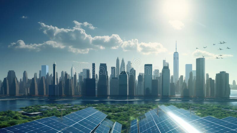 Solar Energy Panel on the Building in the Big City. Generative AI Stock ...