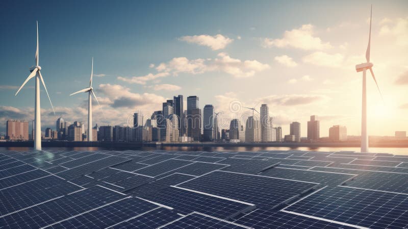 Solar Energy Panel on the Building in the Big City. Generative AI Stock ...