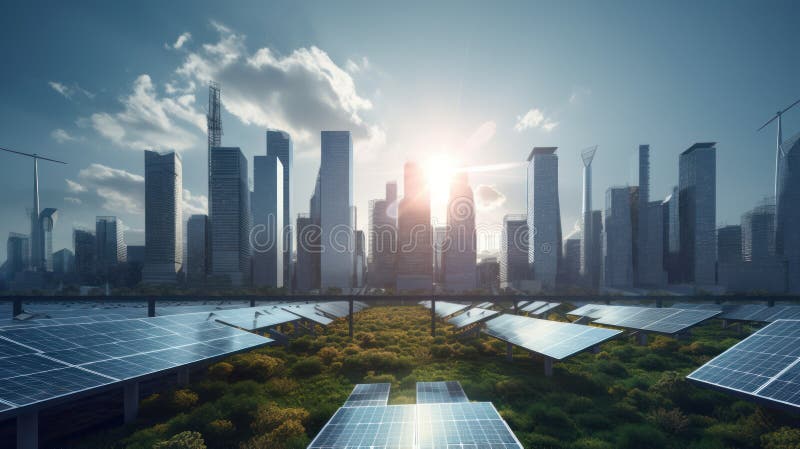 Solar Energy Panel on the Building in the Big City. Generative AI Stock ...