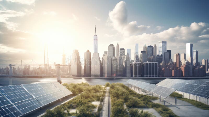 Solar Energy Panel on the Building in the Big City. Generative AI Stock ...