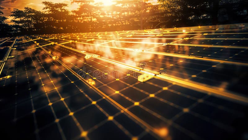 Solar Energy Panel with Sun Light and Lens Flare. 3d Rendering ...