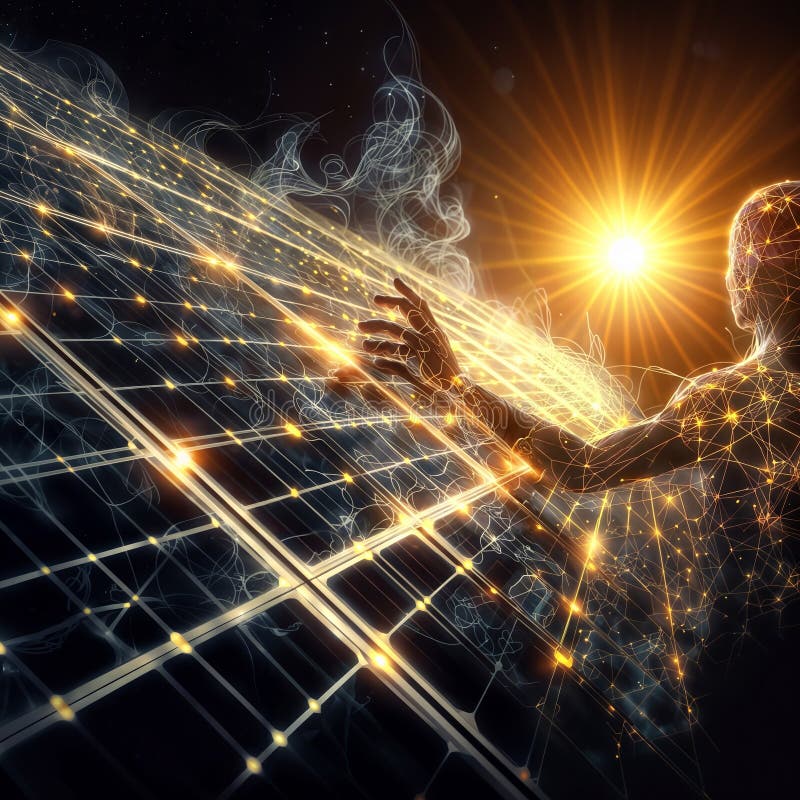 Solar Energy Panel and Human Hand. 3d Rendering - Double Exposure ...
