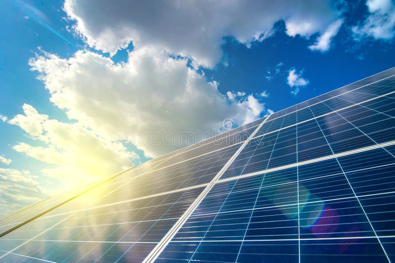 Solar Energy Power System, View Up on the Sky with Clouds and Sun Rays ...