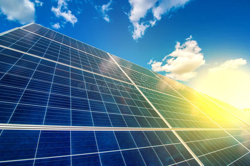 Solar Energy Panel Power View Up on the Sky with Clouds and Sun Rays ...