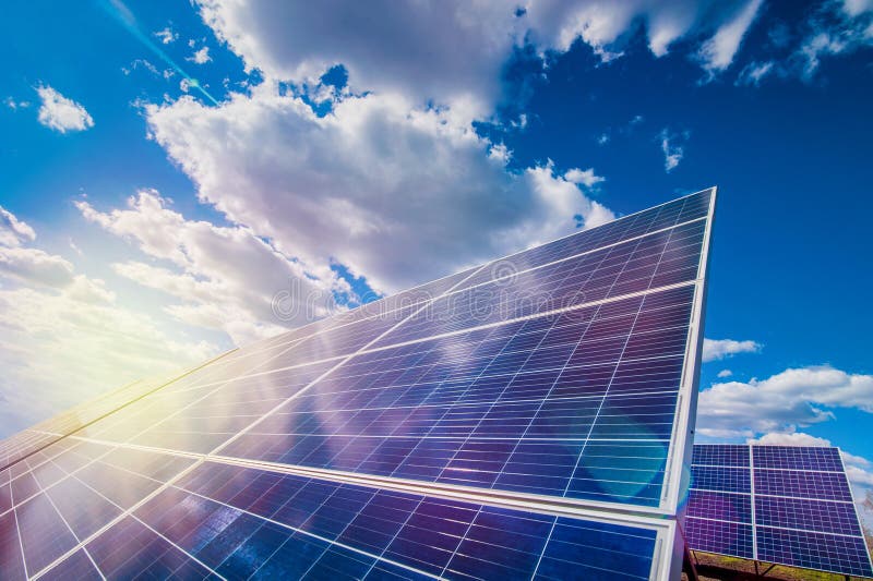 Solar Energy Panel System, Sky Clouds and Sun Rays Stock Photo - Image ...
