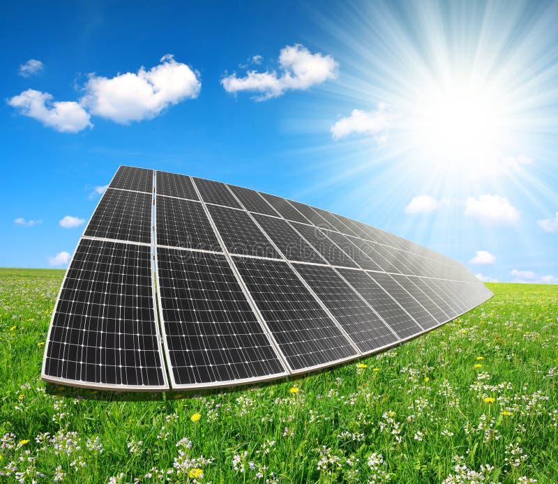 Solar Energy Panels Against Sunny Sky. Stock Image - Image of high ...