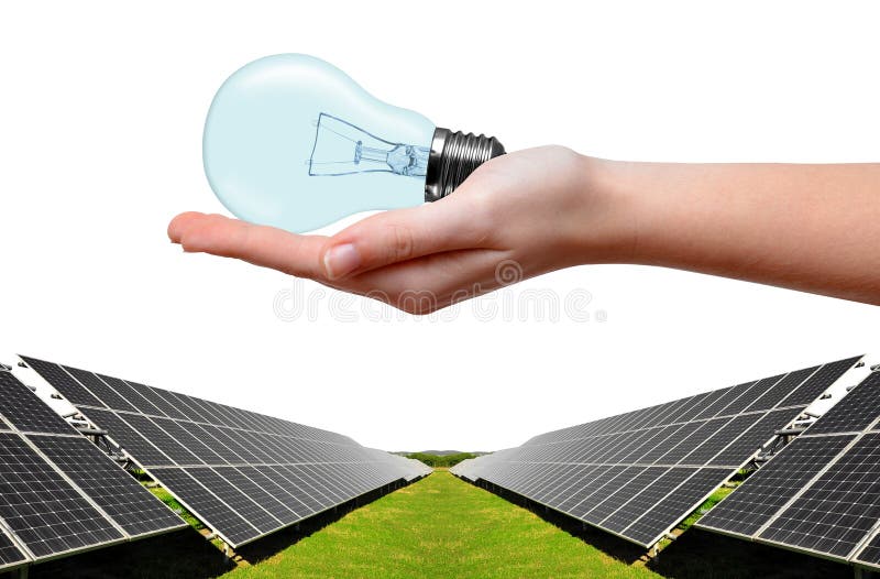 Solar Energy Panels and Light Bulb in Hand, Energy Stock Image - Image ...