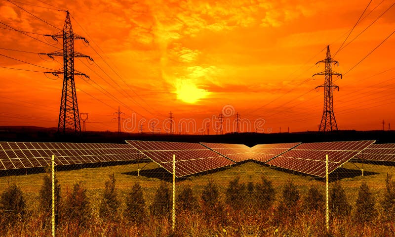 Solar Energy Panels with Electricity Pylon at Sunset Stock Image ...