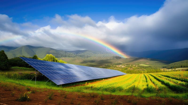 Solar Energy Panels in the Field with Rainbow on Blue Sky Background ...