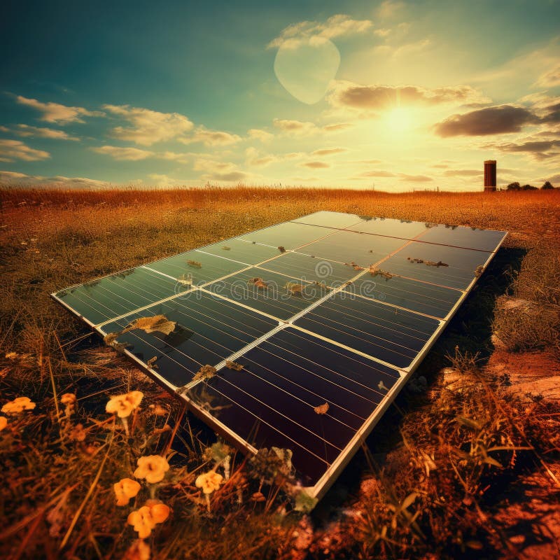 Solar Energy Panels in a Field at Sunset Stock Illustration ...
