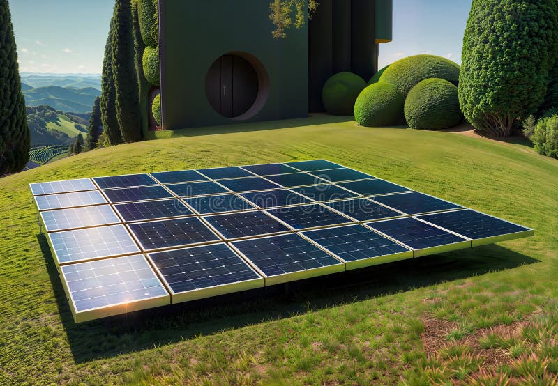 Solar Energy Panels on the Green Grass Field. 3d Render, Generative Ai ...
